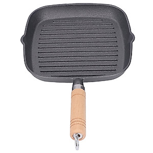 Cast Iron Grill Pan,Grill Pan,Multipurpose Prevents Stick Quadrate Cast Iron Steak Pan with Easy Grease Drain Spout with Wooden Handle for Bacon Steak Onion