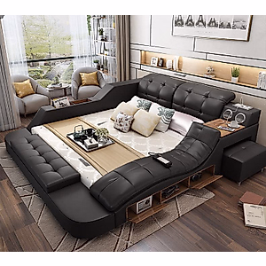 Its-Me Double Bed|King Size or Queen Size| Bonded Leather | Massage Function | Bluetooth Speakers | USB Charger |Radio| Save Box | (Brown, Double Queen)