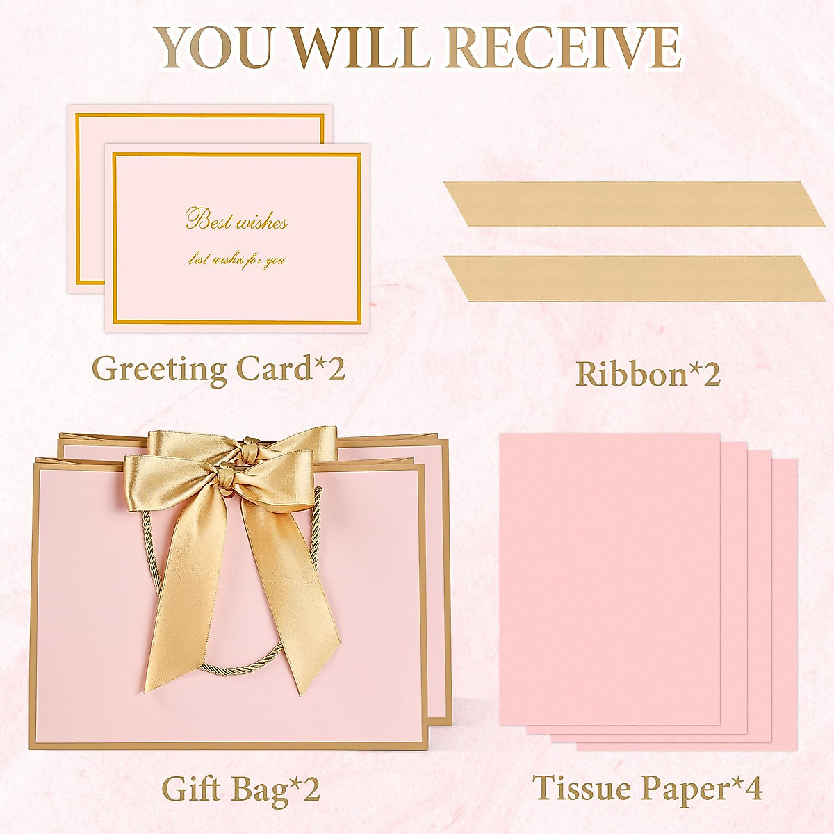JMANNI Gift Bags, Small Gift Bags, 2Pcs Paper Gift Bag with 4 Tissue Paper and 2 Greeting Cards, Present Bags with Handles for Women Girls Bridesmaid Birthday Valentines Wedding Party (Pink-Golden)