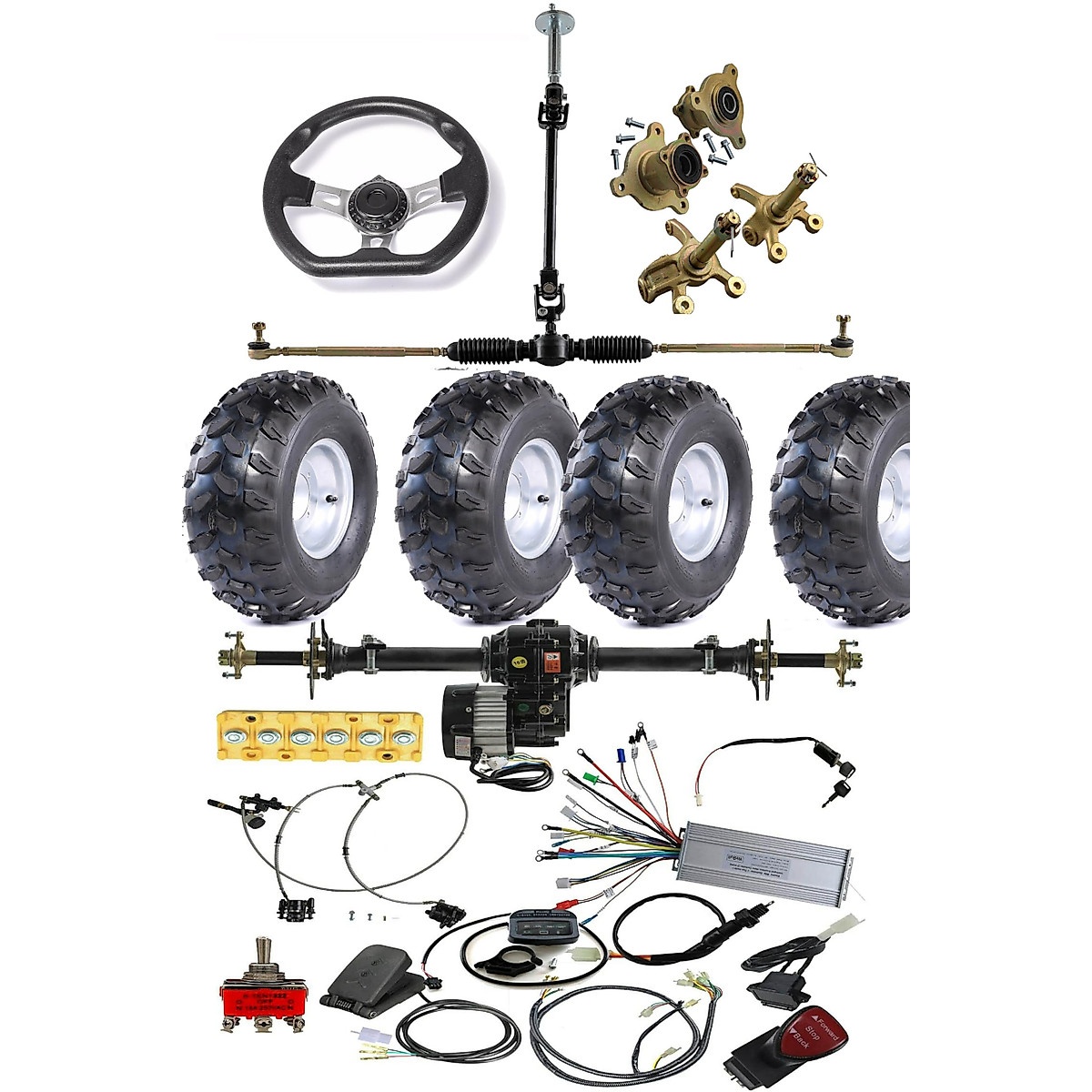YC Yier 40" Go Kart Rear Axle Kit & 48V 1000W Electric Brushless Motor Controller Differential &19x7-8" Wheels Tires + Front Steering Shaft for ATV Quad Buggy 4 Wheelers Dolly Cart Trike Tricycle