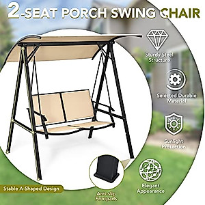 Tangkula 2-Person Patio Swing, Weather Resistant Porch Swing with Adjustable Canopy, Steel Frame, Outdoor Modern Canopy Swing with Handrails, Suitable for Porch Garden Poolside (Coffee)