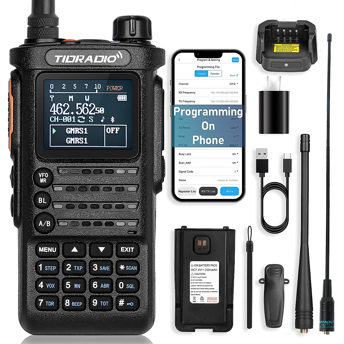 (2nd Gen)TIDRADIO TD-H8 GMRS Radio Handheld with Bluetooth Programming, GMRS Repeater Capable, NOAA, 5 Watt Long Range Two Way Radios Walkie Talkies with 771 GMRS Antenna, 2500mAh Rechargeable Battery
