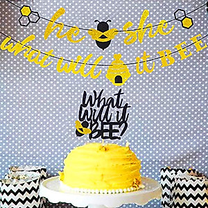 He or She What Will It Bee Banner Gender Reveal Garland with Bee and Beehive Baby Shower Glitter Party Favor Supplies Decorations