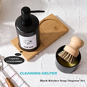 GIRLUFO Black Kitchen Soap Dispenser Set,4Pcs Dish Soap Dispenser Kitchen with Bamboo Tray and Natural Dish Brush,Modern Ceramic Hand and Dish Soap Dispenser Set,13 oz Liquid Soap Dispenser with Pump