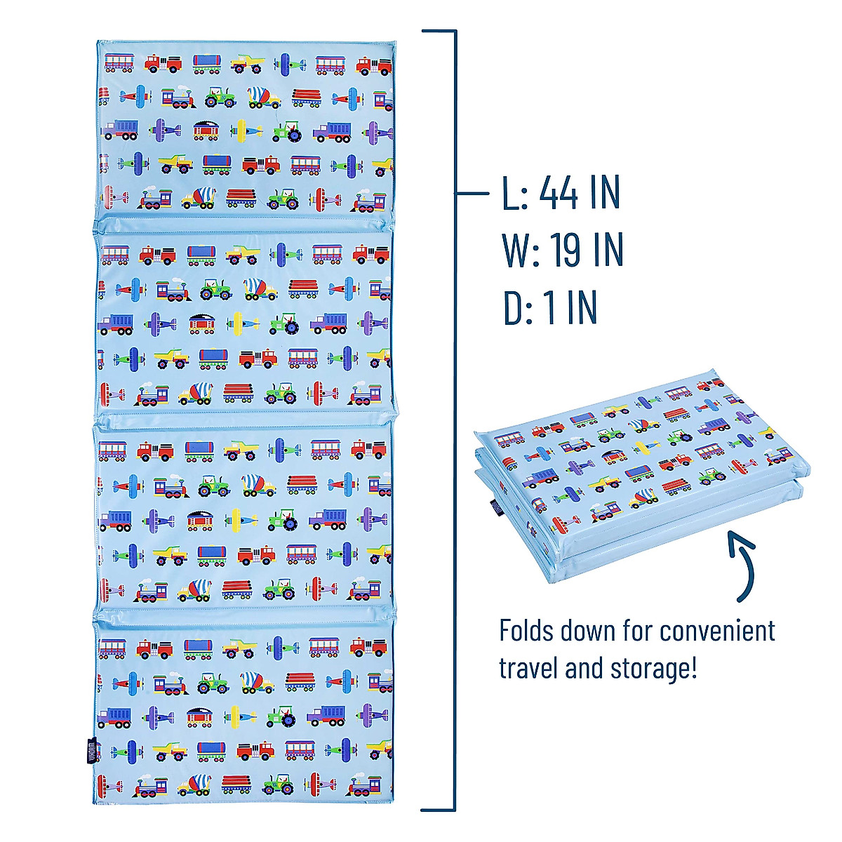 Wildkin Kids Vinyl Nap Mat – Foldable, Durable Rest Mat for Daycare & Preschool - Trains, Planes, and Trucks