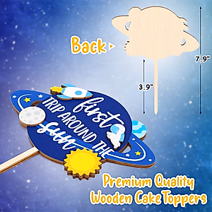 Huray Rayho First Trip Around the Sun One Cake Topper Outer Space Wooden Cake Decorations Cake Smash Topper for Boys Solar System 1st Birthday Party Galaxy Party Supplies