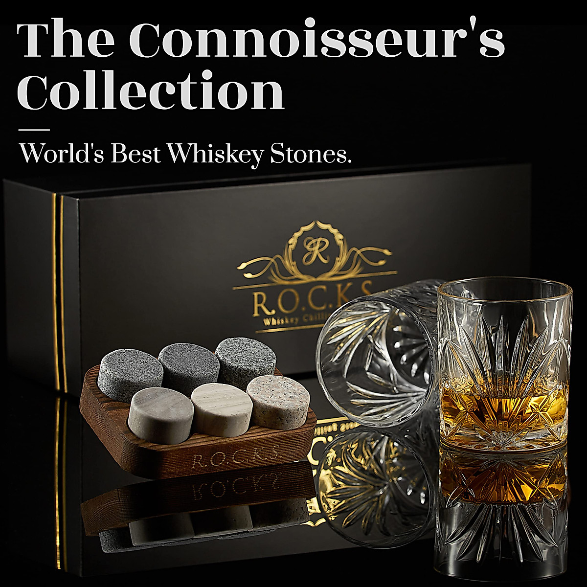 Whiskey Chilling Stones Gift Set - 6 Handcrafted Premium Granite Round Sipping Rocks - 2 Heavy Bourbon Glasses - Hardwood Presentation & Storage Tray - Elegant Gold Foil Gift Box by R.O.C.K.S.