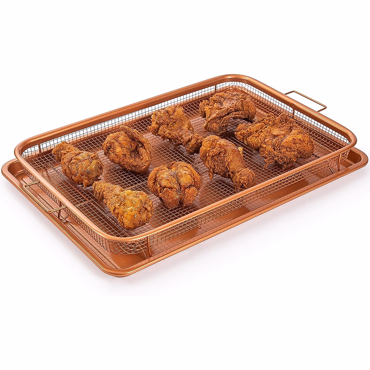 Copper Crisper Tray Non-Stick Oven Baking Tray with Elevated Mesh Crisping Grill Basket 2 Piece Set Extra Large 13"X19" – by Nuovva