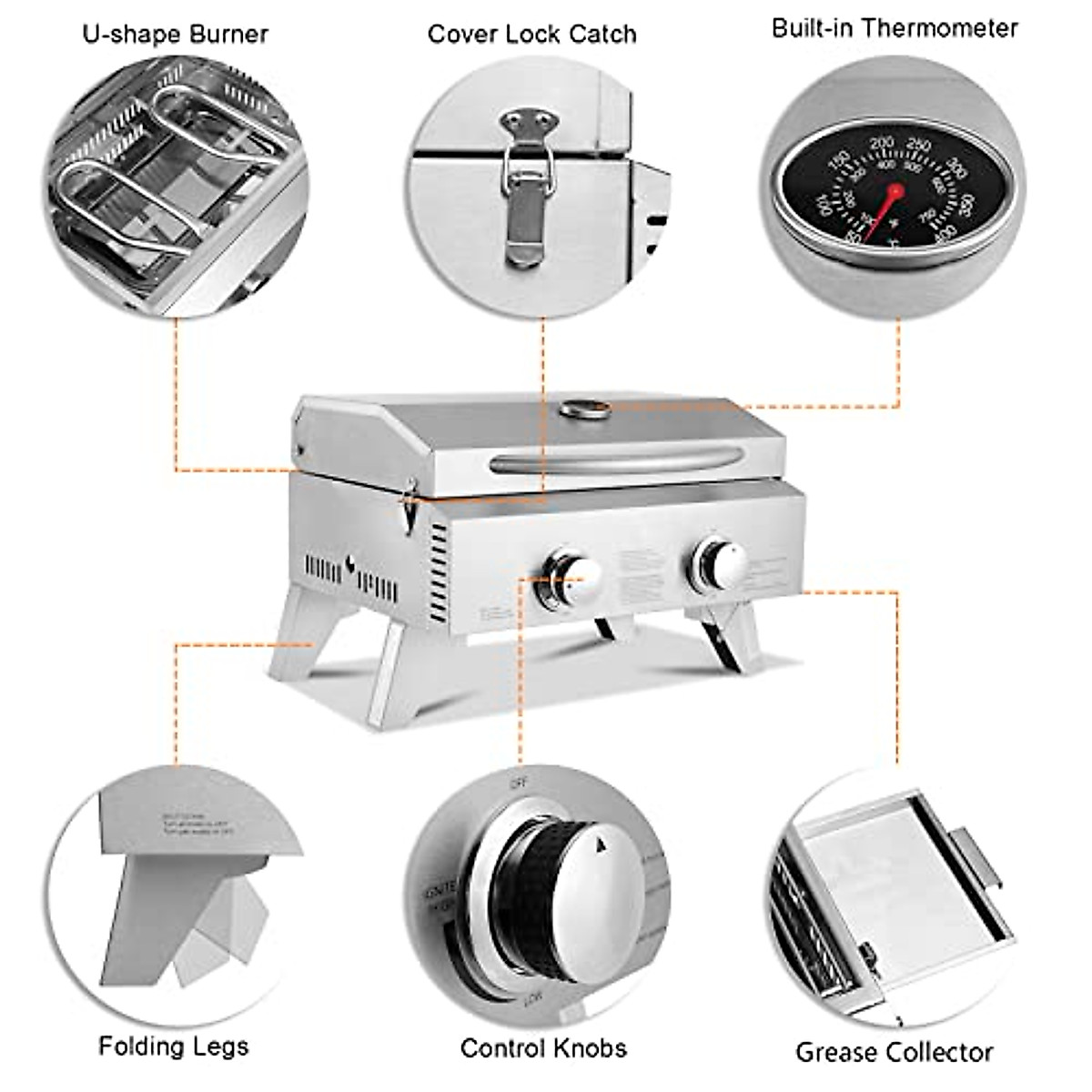ROVSUN Extra Large 20,000 BTU Portable Gas Grill, 2 Burner Tabletop Propane Griddle with Foldable Legs, Regulator & Full Stainless Steel for Outdoor Picnic Camping Trip, Tailgating, Patio Garden BBQ Home Use