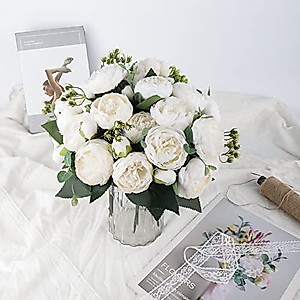 DEEMEI Artificial Peonies Flower Silk Peony Bouquet 4 Bundles Faux Persian Rose with Eucalyptus Leaves for Home Wedding Party Decoration (White)