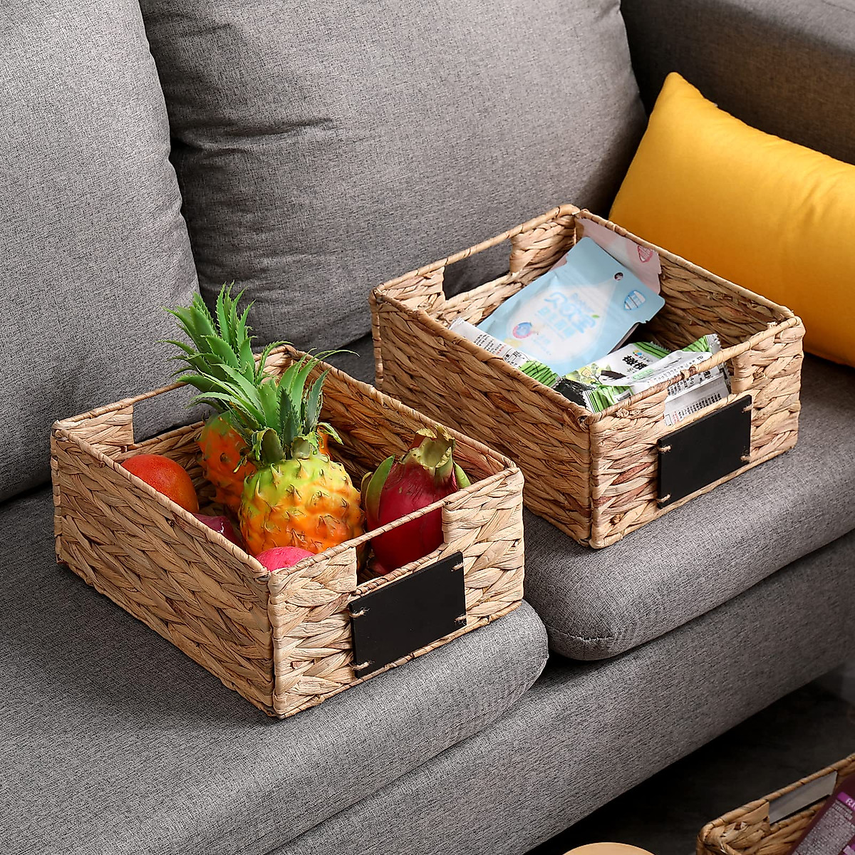 Rectangular Seagrass Baskets Hanging Storage Baskets Kitchen Storage Basket,Foldable Water Hyacinth Basket,Woven Kitchen Organizer with Labels&White Chalk Markers,Set of 4 Pcs,10.8x9x4.9inch