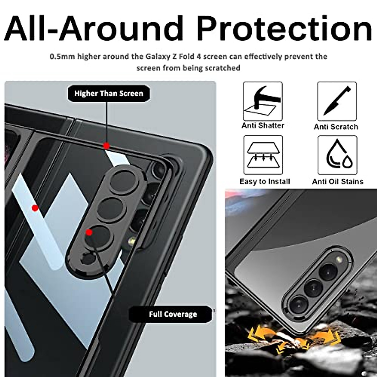 Miimall Compatible for Samsung Galaxy Z Fold 4 Case with Built-in Screen Protector, Hard PC Slim Thin Shockproof Heat Dissipation Shell Anti-Scratch Case Protector Bumper for Z Fold 4 5G 2022(Black)