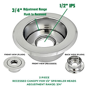 Recessed Fire Sprinkler Escutcheon 1/2 in. IPS - 2 Piece in Chrome - Depth Adjustment Range up to 3/4 in. for Fire Sprinkler Trim