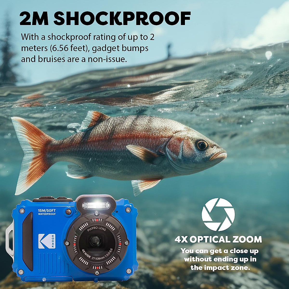 Kodak PIXPRO WPZ2 Rugged Waterproof Shockproof Digital Camera 16MP 4X Optical Zoom 1080P Full HD Video, 2.7" LCD (Blue), 32GB SD Card, Black Compact Camera Case, Floating Strap, Bundle (7 Items)
