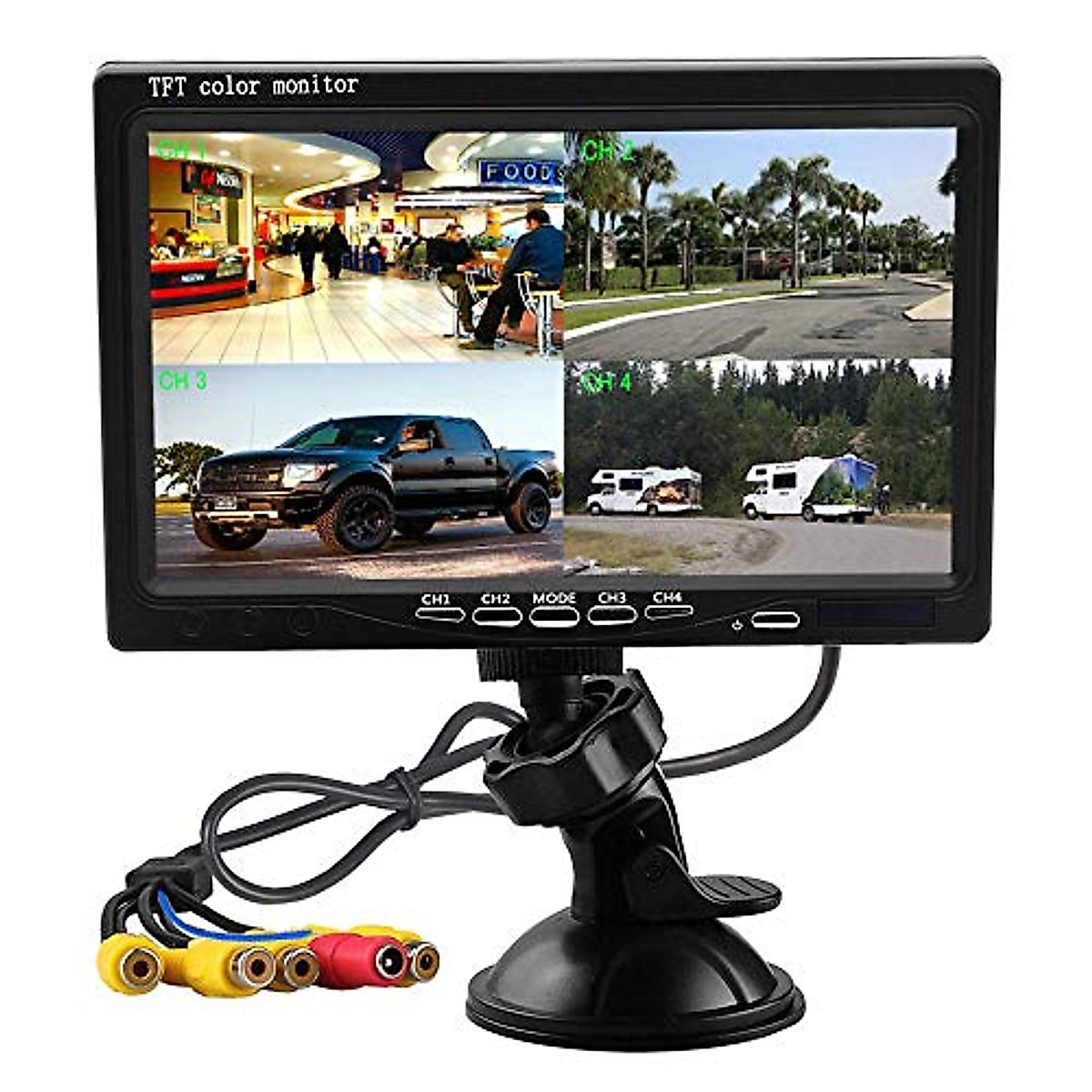 Hikity 7 inch Vehicle Backup Camera Monitor only, Quad Split HD LCD Display Screen, Car Monitor for SUV Van RV Truck, V1/V2/V3/V4 Video Input, 9V/36V + Headrest Mounting Bracket & Dash Stand