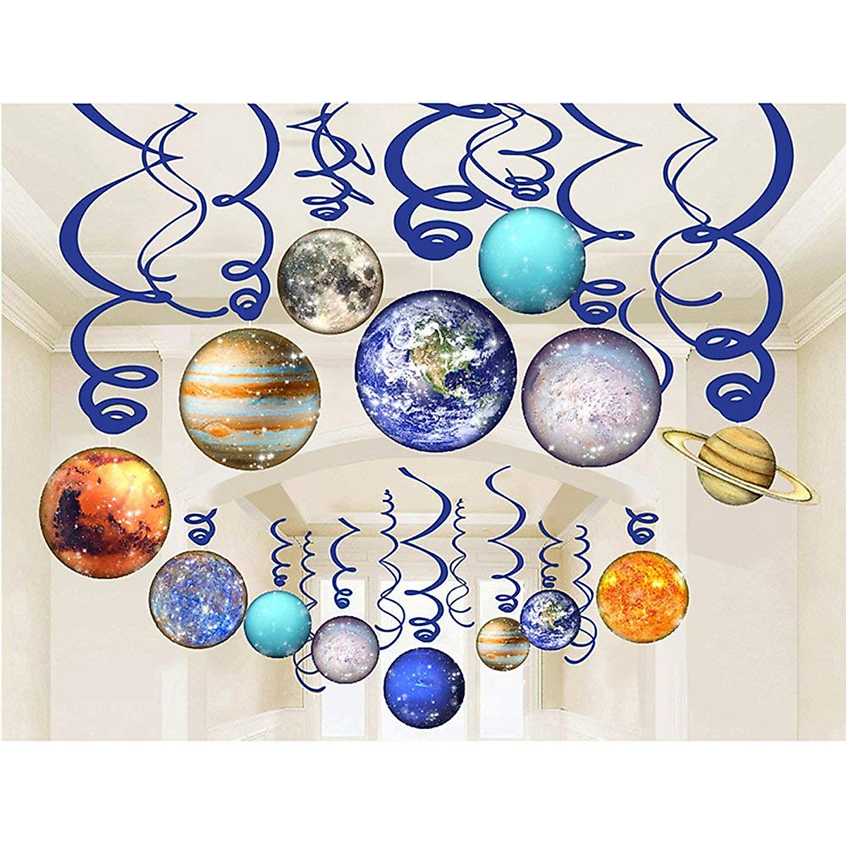 LINDOO 30Pcs Solar System Party Supplies - Outer Space Party Planet Hanging Swirl Decorations