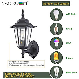 YaoKuem Outdoor Wall Lantern, Wall Sconce as Porch Lighting Fixture, E26 Base 60W Max, Metal Housing Plus Glass, Wet Location Rated, Bulbs not Included