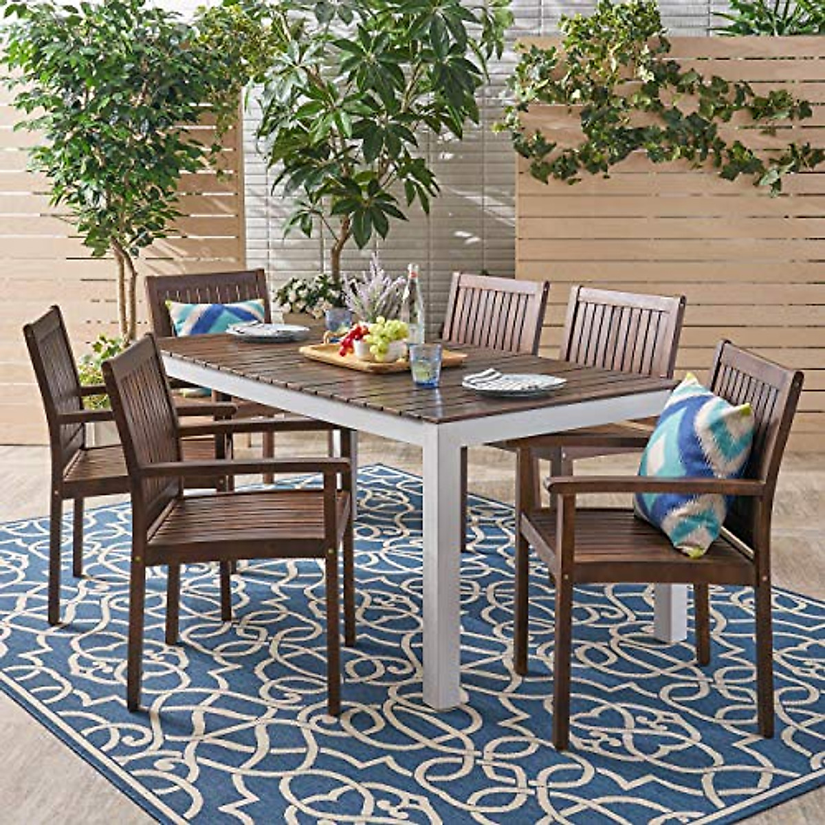 Christopher Knight Home Noe Outdoor 7-Piece Acacia Wood Dining Set, Dark Brown and White