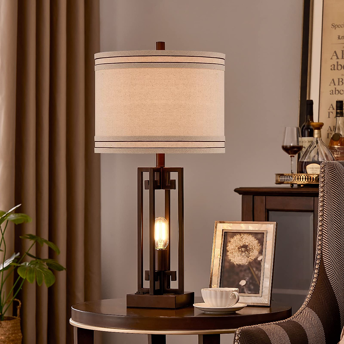 KIVDITZO Rustic Farmhouse Table Lamps with Night Light Set of 2 Dark Bronze Finish Round Shade 5V/2A USB Charging Ports Nightstand Lamp for Living Room Bedroom Home Office Study.