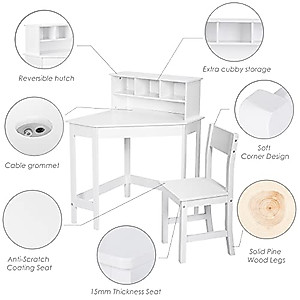 UTEX Kids Desk,Wooden Study Desk with Chair for Children,Writing Desk with Storage and Hutch for Home School Use,White