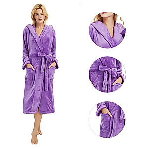 HEARTNICE Womens Hooded Fleece Robe, Soft Plush Bathrobe for Womens, Fluffy Cute Long House Coat (Violet Hooded, S/M)
