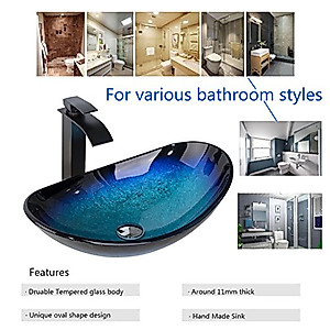 OUBONI Bathroom Vessel Sink,Black&Blue Vessel Sink,Oval Glass Vessel Sink with Waterfall Faucet and Pop-Up Drain,Boat Shape Bathroom Sink Above Counter,Tempered Glass Sink
