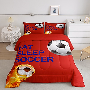 Feelyou Soccer Comforter Set for Kids Boys Girls Football Sports Games Comforter Full Size Soccer Player Bedding Set Bedroom Decor Red Soccer Ball Quilt Set Bedding Collection 3Pcs