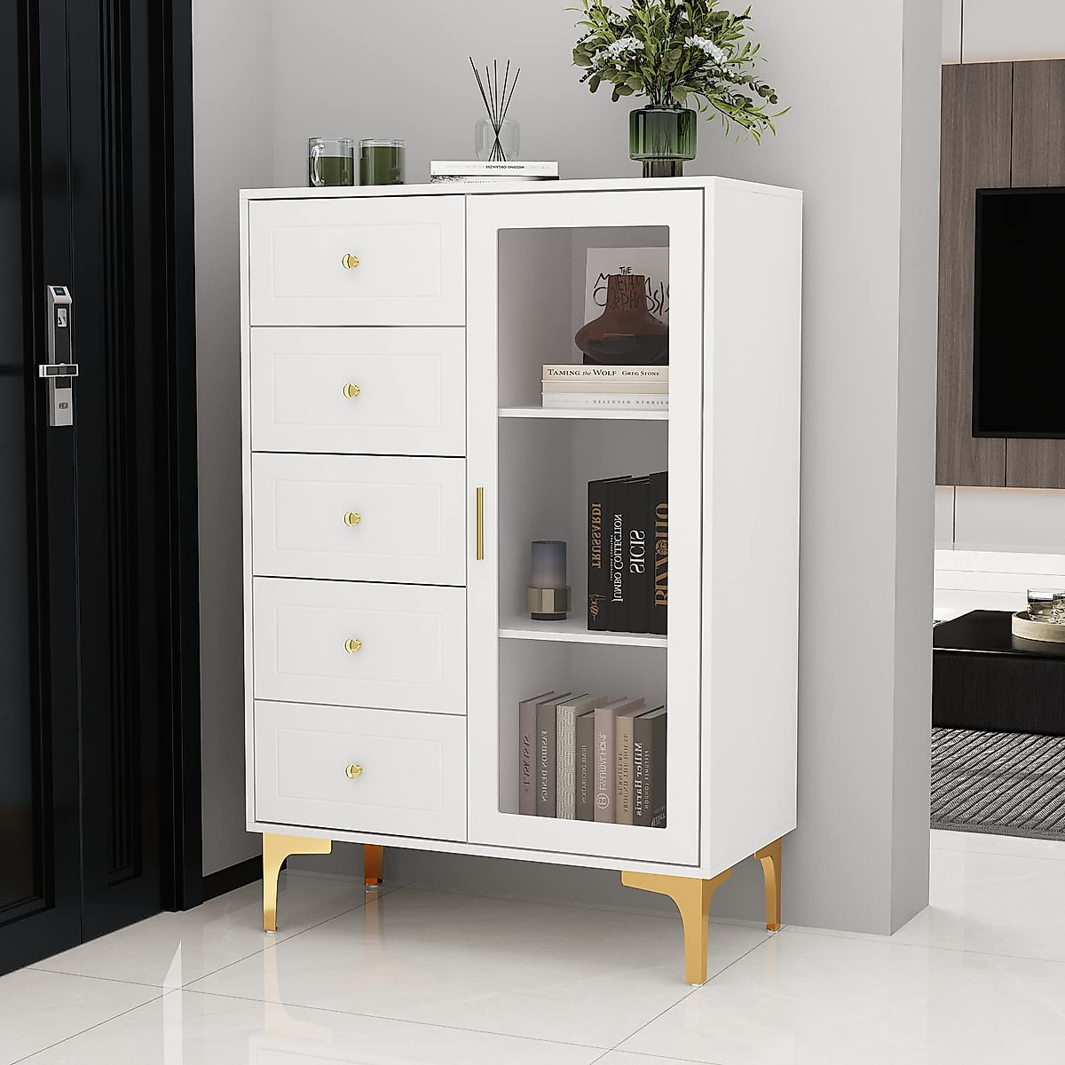 Homsee Storage Cabinet with 5 Drawers, Shelves & Glass Door, Sideboard Buffet Cabinet with Metal Legs, Modern Wood Display Cabinet for Living Room, Bedroom & Hallway, White (31.5”W x 15.7”D x 47.2”H)