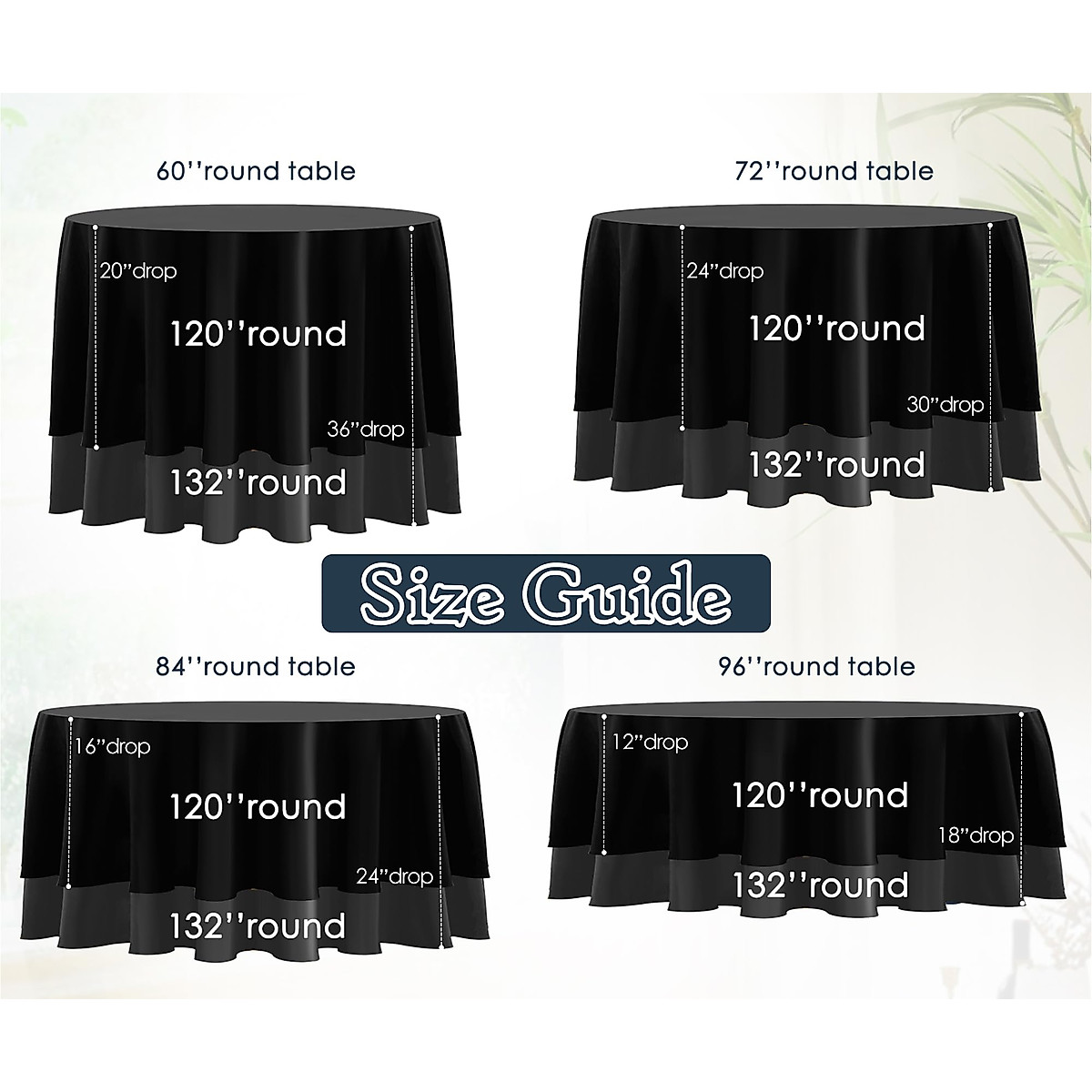 LEQEE Round Tablecloth,120inch Stain and Wrinkle Resistant Polyester Table Cloth,Decorative Fabric Table Cover for Kitchen,Dinning,Party,Wedding Round(Black)