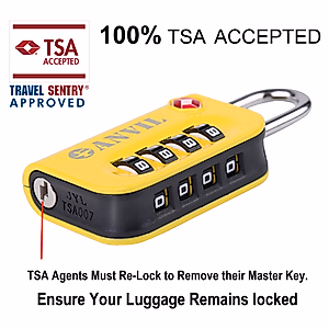ANVIL TSA Approved Luggage Lock - 4 Digit Combination, 10,000 Combinations, Easy-Read Password Window, Travel Lock for Suitcases, Backpacks, Gym & Student Lockers, Baggage(Yellow 2 Pack)
