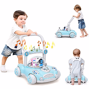 INFANS Baby Walker, 3 in 1 Toddler Walker Bouncer, Learning-Seated, Walk-Behind, Music, Adjustable Height, High Back Padded Seat, Detachable Trampoline Mat, Activity Walker with Toys(Pink)