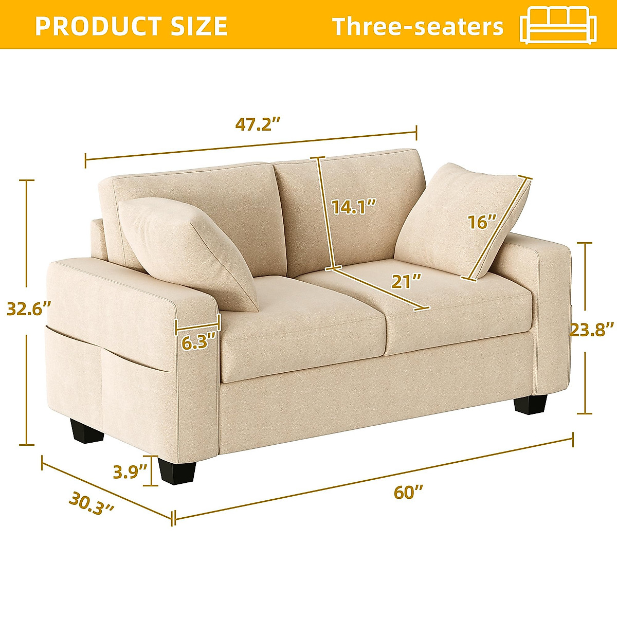YITAHOME 60" Sofa, Comfy Upholstered Sofa Couch with Extra Deep Seats, Modern 2-Seater Couch Sleeper with Side Pocket, Loveseat for Living Room Apartment Office, Easy Assembly, Beige