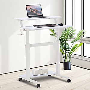 UNICOO – Crank Adjustable Height Standing Desk, 2 Tier Adjustable Sit to Stand up Desk, Mobile Standing Desk, Rolling Desk – (White Top/White Frame) 2T-Crank