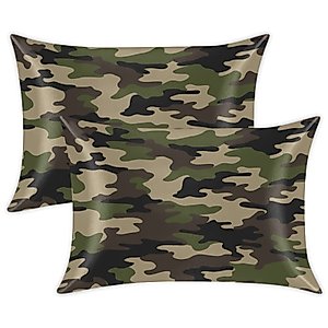 Classic Camo Print Camouflage Satin Pillowcase for Hair and Skin Queen Size Set of 2 Cooling Pillow Case Cover with Envelope Closure, 20"x30"