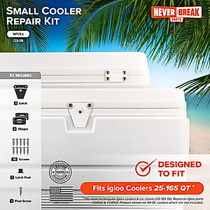 NeverBreak Parts - Igloo Cooler Replacement Parts - Small White Kit (2 Hinges, 1 Latch with Post and Screws) | High Strength Igloo Cooler Hinges Replacement with Latch