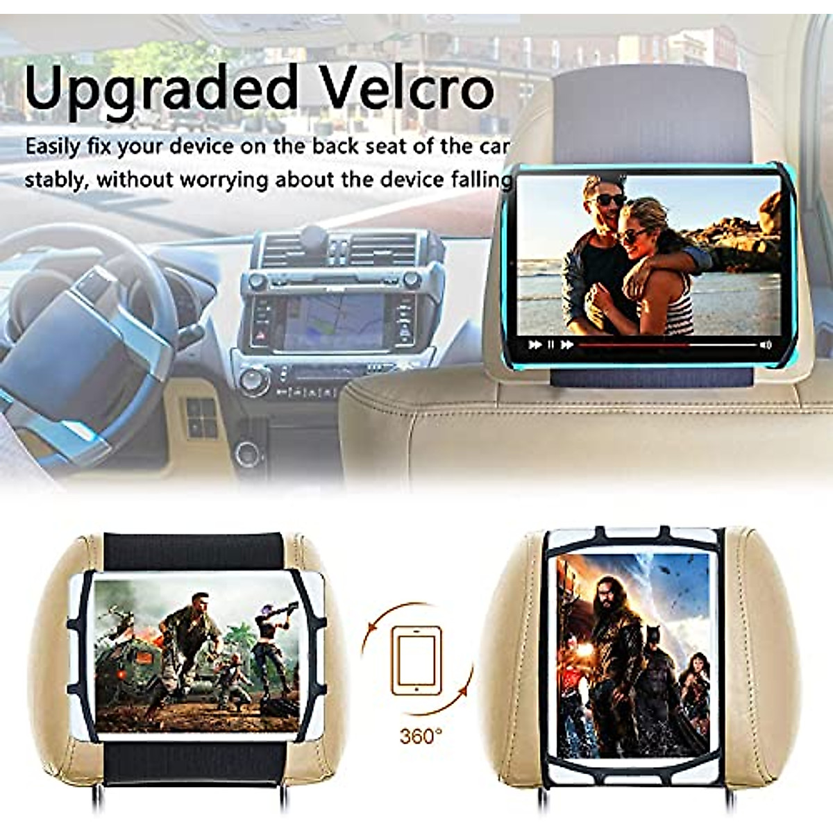 FANGOR Car Headrest Mount Holder, Tablet Holder for Kids in Back Seats, Anti-Slip Strap and Holding Net,Angle-Adjustable/Fits All 7 Inch to 12.9 Inch Tablets