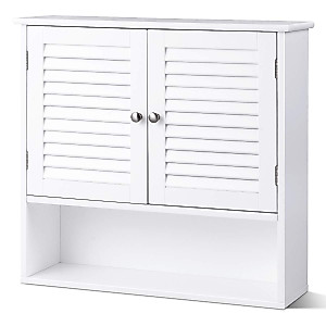 Tangkula Bathroom Wall Cabinet, Wooden Hanging Medicine Cabinet with Double Shutter Doors and Adjustable Shelf, Wall Mounted Bathroom Cabinet with Open Shelf, 26 x 8.5 x 25 Inches, White