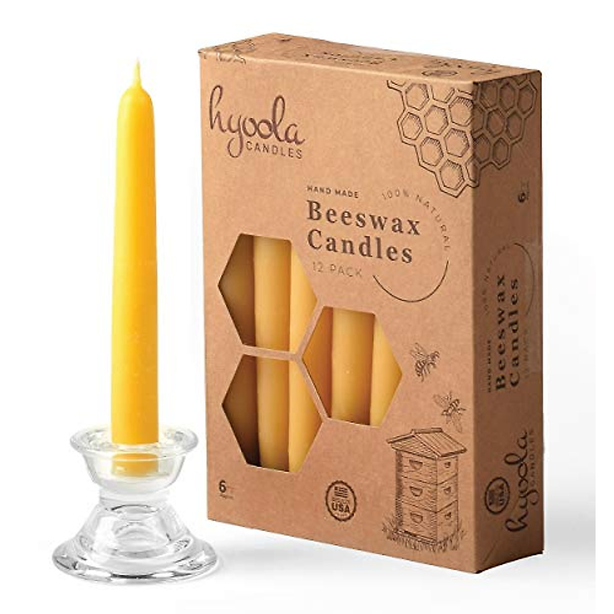 Hyoola Beeswax Taper Candles 12 Pack – Handmade, All Natural, 100% Pure Scented Bee Wax Candle - Tall, Decorative, Golden Yellow – 6 Hour Burn Time