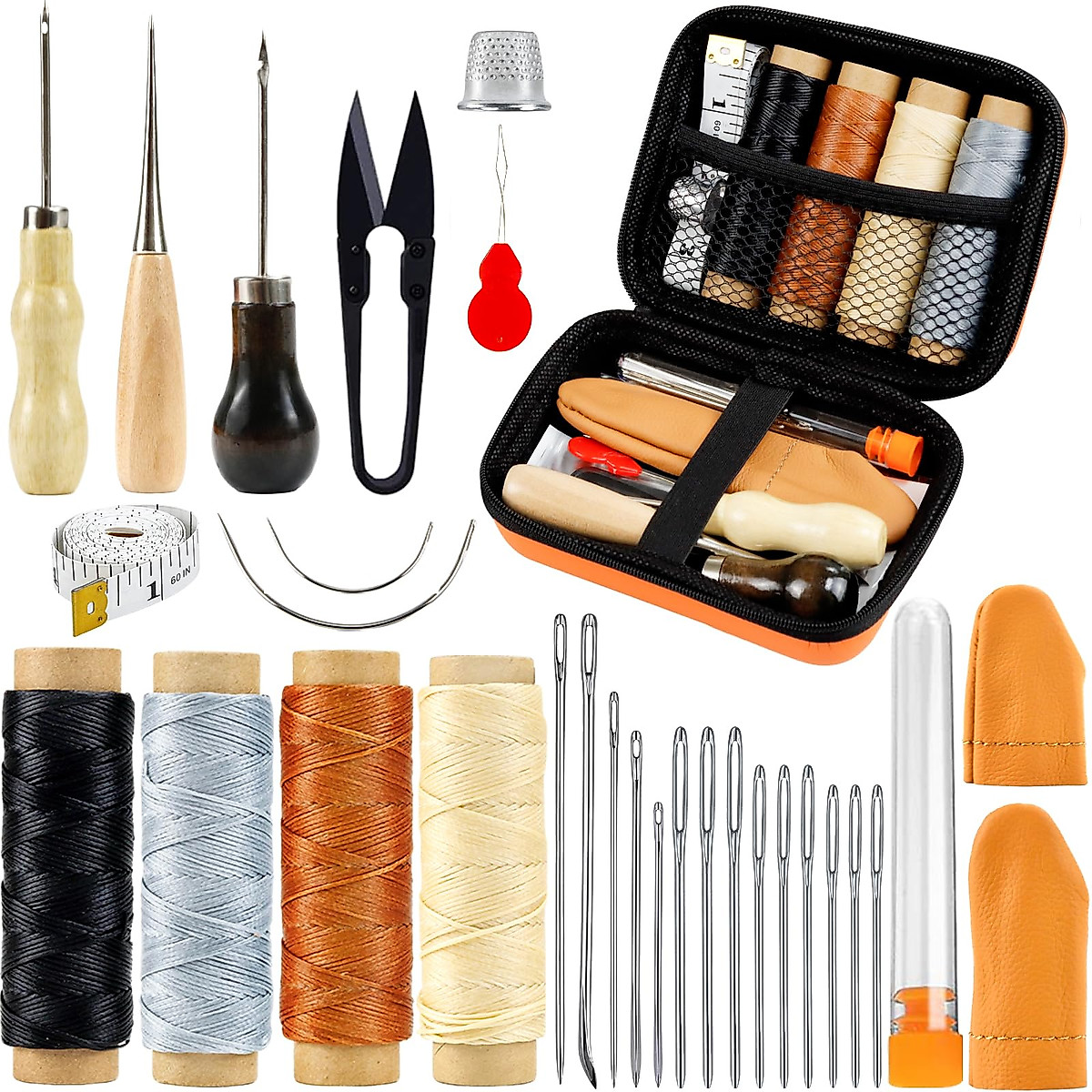 PLANTIONAL 34 PCS Basic Leather Sewing Kit: Upholstery Thread Cord, Leather Waxed Thread with Sewing Awl, Seam Ripper, Tape Measure Large-Eye Stitching Needles for DIY Leather Craft Repair