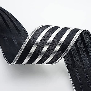 CT CRAFT LLC Black Satin with Silver Stripe Wired Ribbon - 2.5" x 10 Yards for Christmas Home Decor, Gift Wrapping, Bow Making, Wreath, DIY Crafts