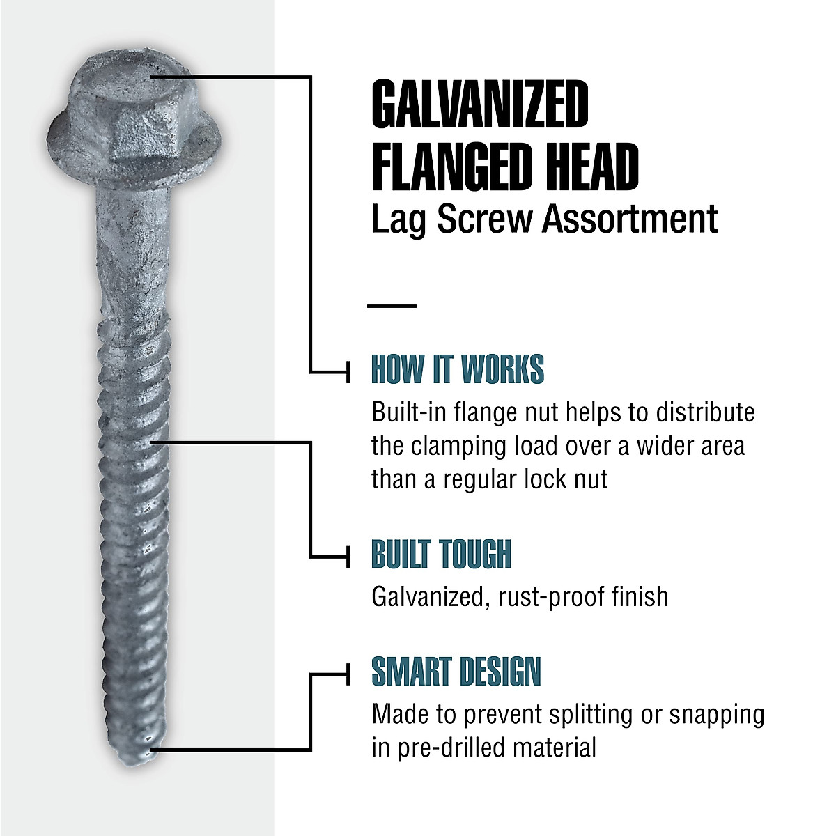 Workshop Hardware 95 Piece Fastener Assortment Kit, Galvanized Flanged Head Lag Screw Assortment Set, 1/4 & 5/16 Diameters, Gray, Stainless Steel