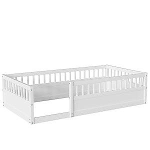 FUQIAOTEC Twin Size Kids Floor Bed Frame, Montessori Wood Floor Bed with Safety Guardrails and Slats for Bedroom Playroom, White Fence, 78" W x 41" D x 20" H