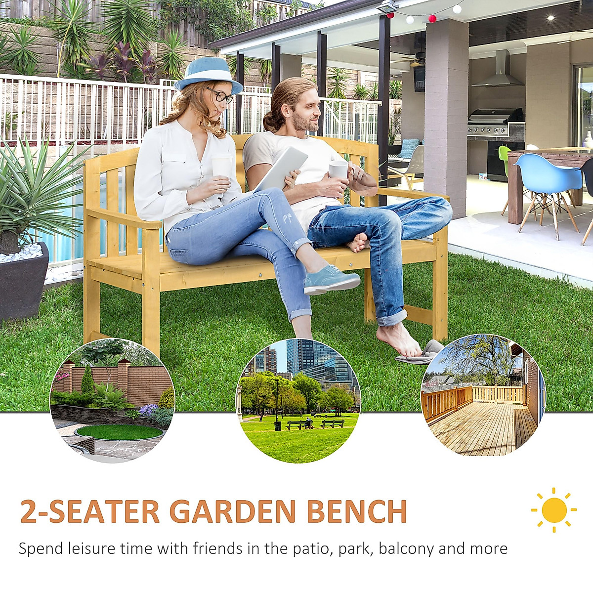 Outsunny 56" Outdoor Wood Bench, 2-Seater Garden Bench with Backrest and Armrest, Patio Bench for Patio, Porch, Poolside, Balcony, Natural