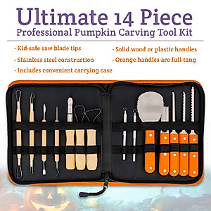 Halloween Haunters Ultimate 14 Piece Professional Pumpkin Carving Tool Kit - Easily Carve Sculpt Halloween Jack-O-Lanterns - 18 Cuts, Scoops, Scrapers, Saws, Loops