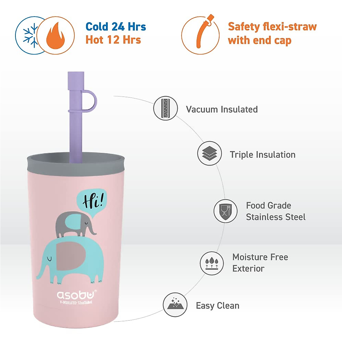 asobu Stainless Steel Kids Tumbler with Flexible Straw Lid | Insulated Water Bottle | Reusable Travel Cup 12 Ounce (Pink)