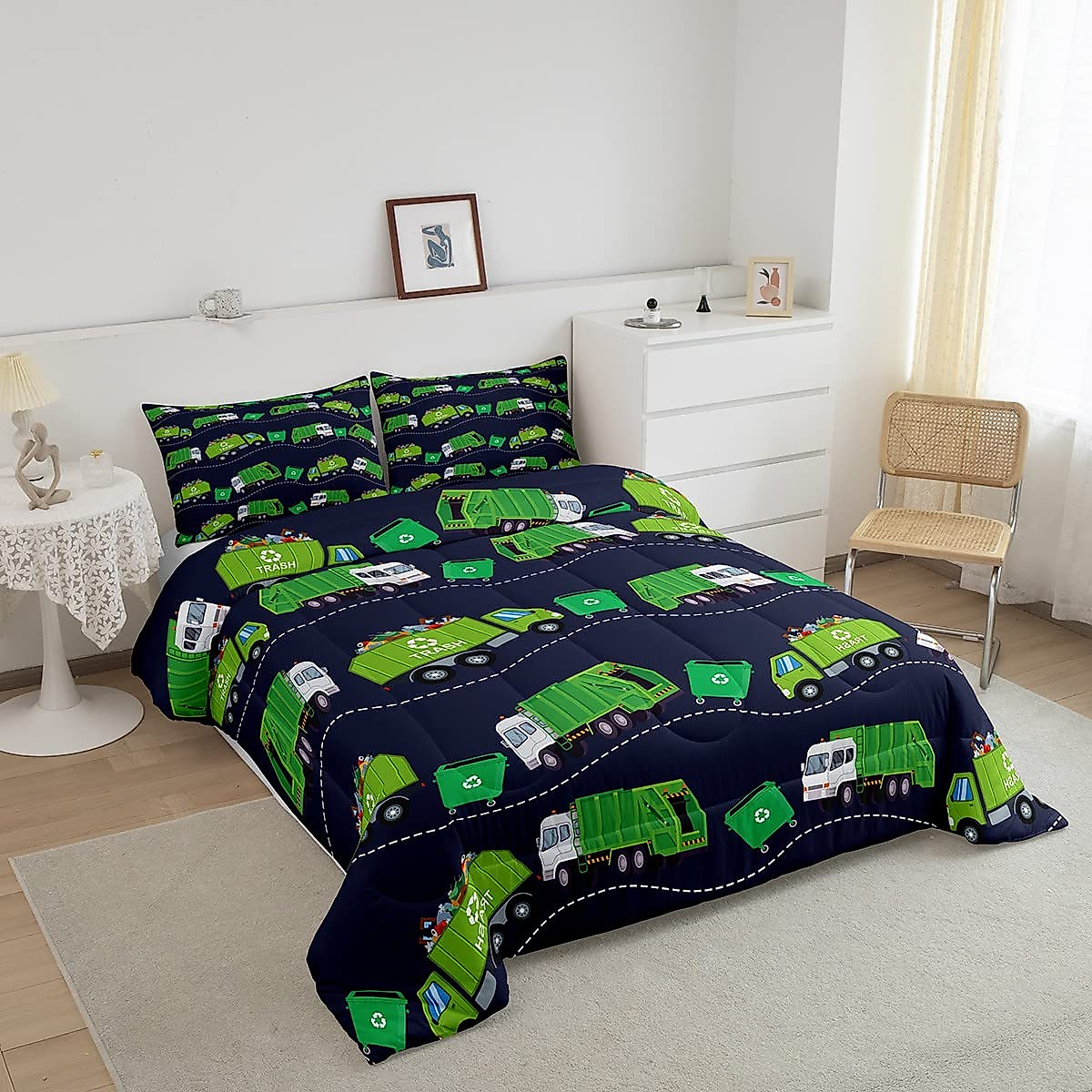 Feelyou Garbage Trucks Comforter Set Queen Size Kids Cartoon Car Comforter for Boys Teens Rubbish Car Bedding Set Vehicles Blue Green Duvet Set Room Decor Quilt Boys
