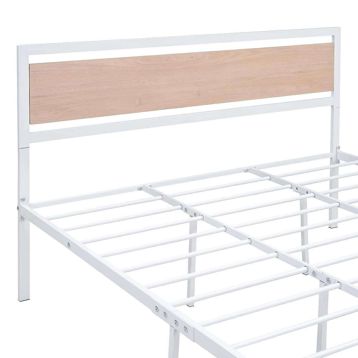 HABUHOME Queen Size Platform Bed, Metal and Wood Bed Frame with Headboard and Footboard, White