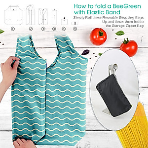 BeeGreen 12 Pack Reusable Shopping Bags with Storage Pouch & Elastic Band Geometric Reusable Grocery Bags Bulk 50LBS X-Large Foldable Machine Washable Heavy Duty Eco Tote Bags Recyling Bags w Handle