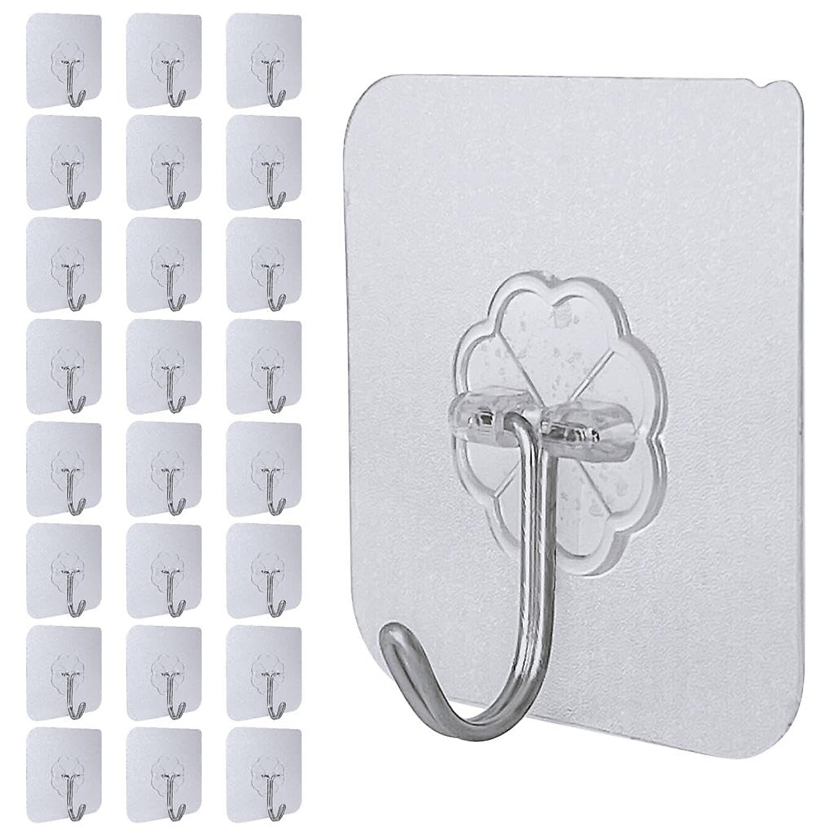 PETS BUDDY Wall Hooks for Hanging 33lb(Max) Heavy Duty Self Adhesive Hooks 24 Pack Transparent Waterproof Sticky Hooks for Keys Bathroom Shower Outdoor Kitchen Door Home Improvement Utility Hooks