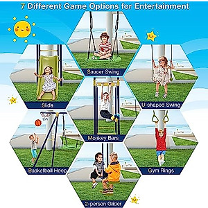 HONEY JOY Swing Sets for Backyard, 660lbs 7-in-1 Heavy Duty Swing Set w/A-Frame Metal Swing Stand, 2 Swings, Glider, Gym Rings, Slide, Monkey Bar,Basketball Hoop, Swingset Outdoor for Kids 3-12